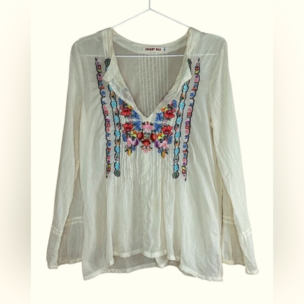 Johnny Was Sheer Off White Long Sleeve Embroidered Bl… - Gem